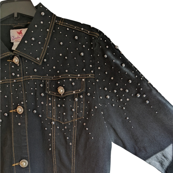 Jackets & Coats | Quacker Factory Black Denim Rhinestone Studded Jacket ...